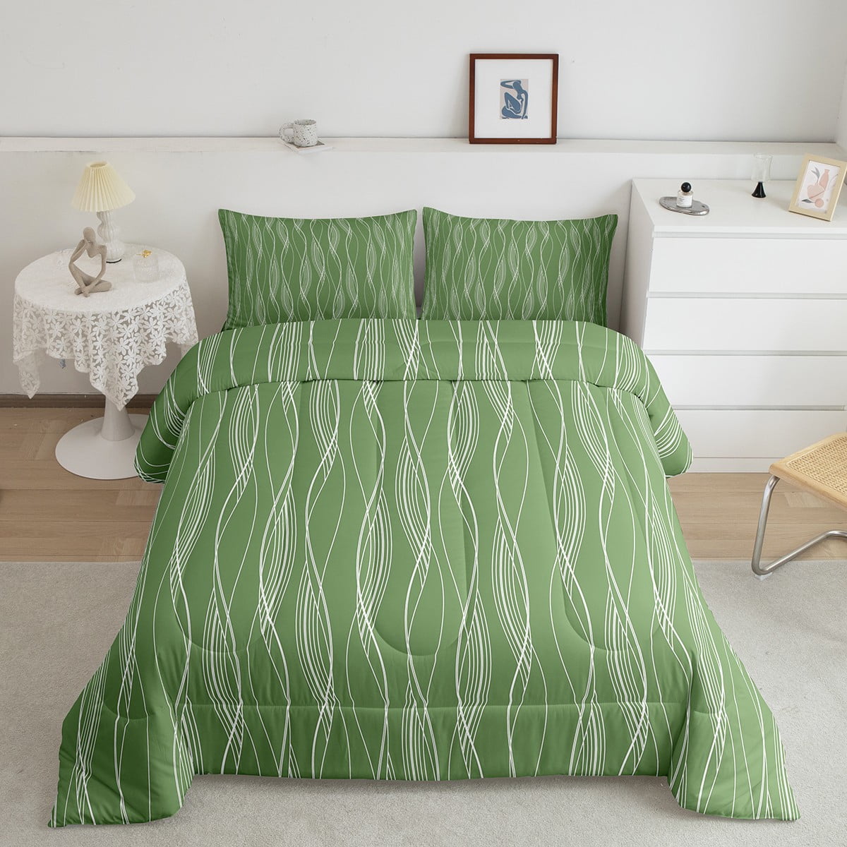Geometry Bedding Set Green White Abstract Art Stripes Comforter Set ...