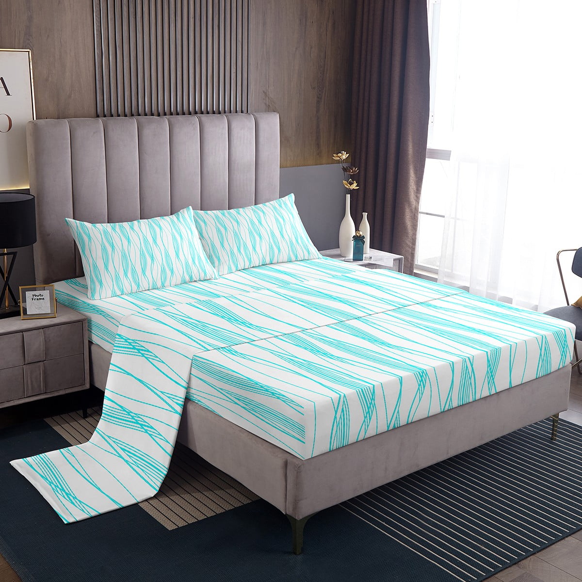 Geometry Bedding Set Teal White Abstract Art Stripes Bed Sheets King ...