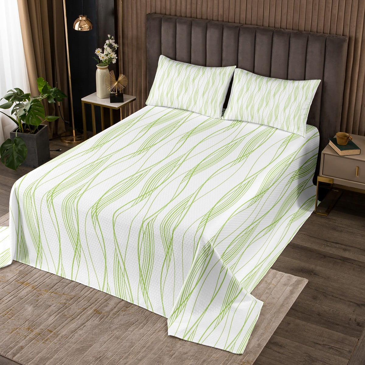 Geometry Bedding Set White Green Abstract Art Stripes Bedspread Set King Size,Modern Geometric ...