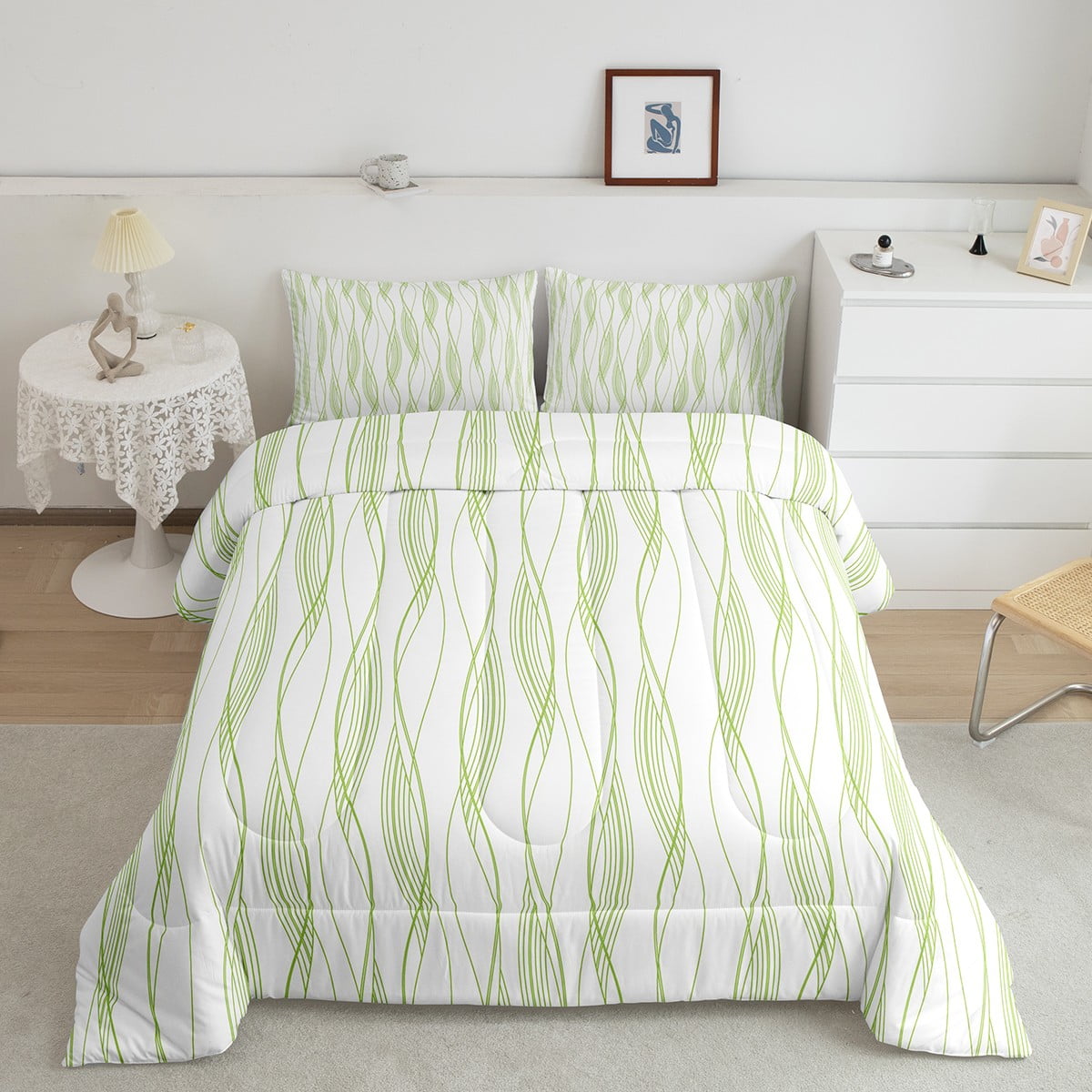 Geometry Bedding Set White Green Abstract Art Stripes Comforter Set ...