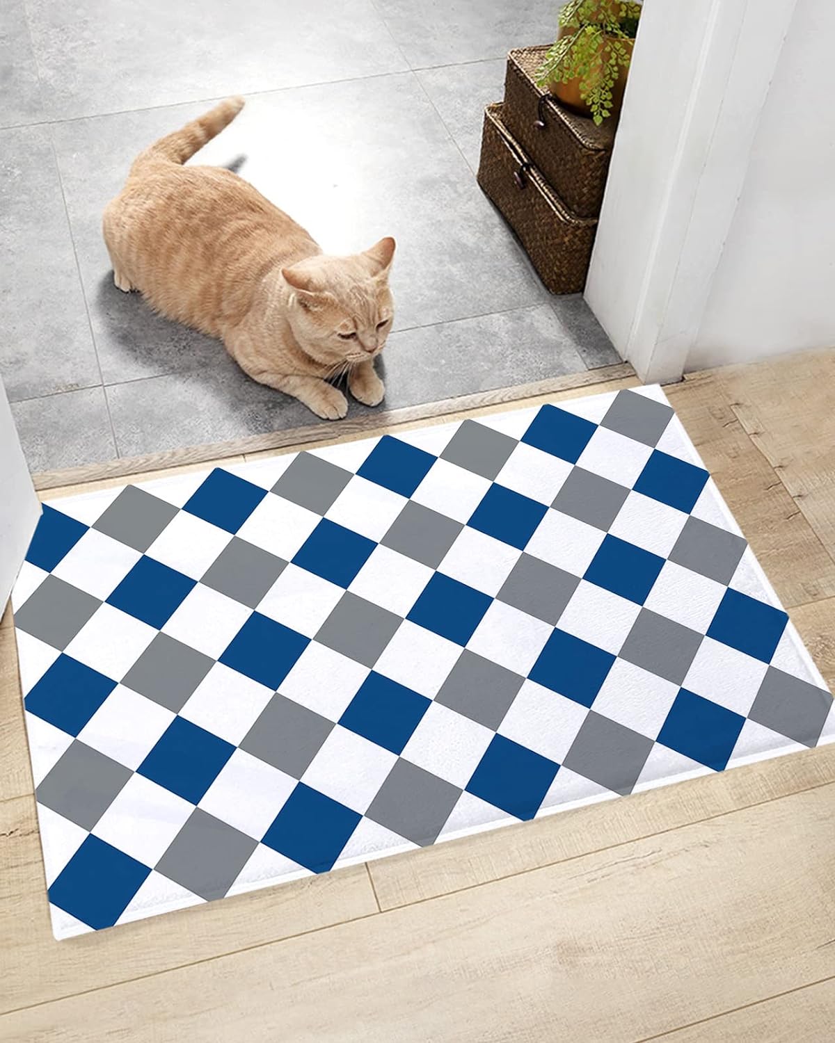 Geometry Blue White Grey Diamond Plaid Ultra Soft Bathroom Rug, Shag ...
