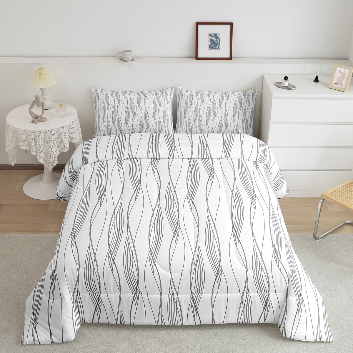 Geometry Comforter Set White Gray Stripes Abstract Art Bedding Set ...