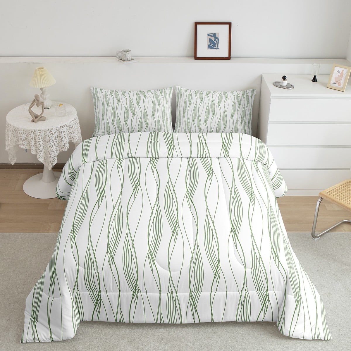 Geometry Comforter Set White Green Stripes Abstract Art Bedding Set ...