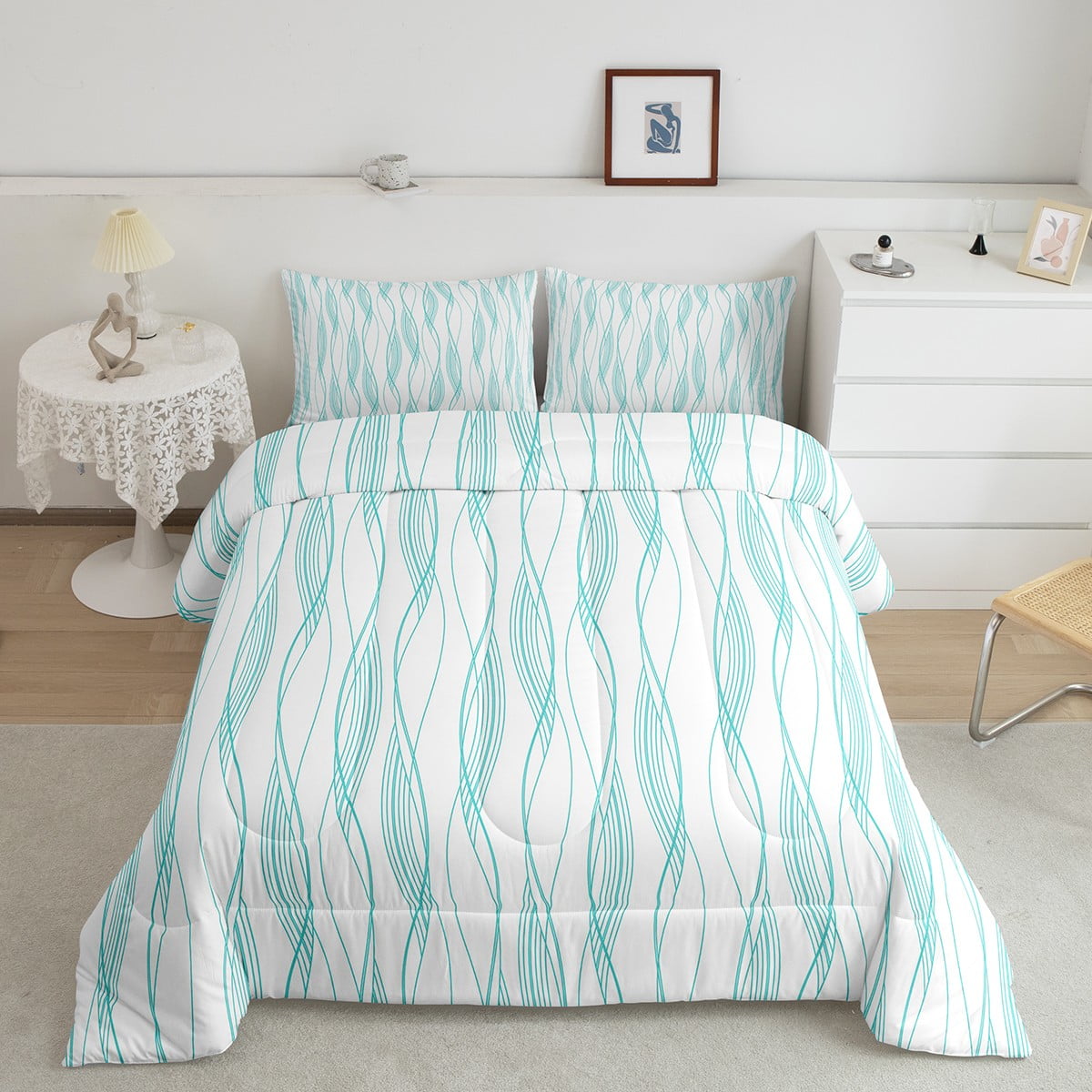 Geometry Comforter Set White Teal Stripes Abstract Art Bedding Set Queen Size,Simple Stripe ...