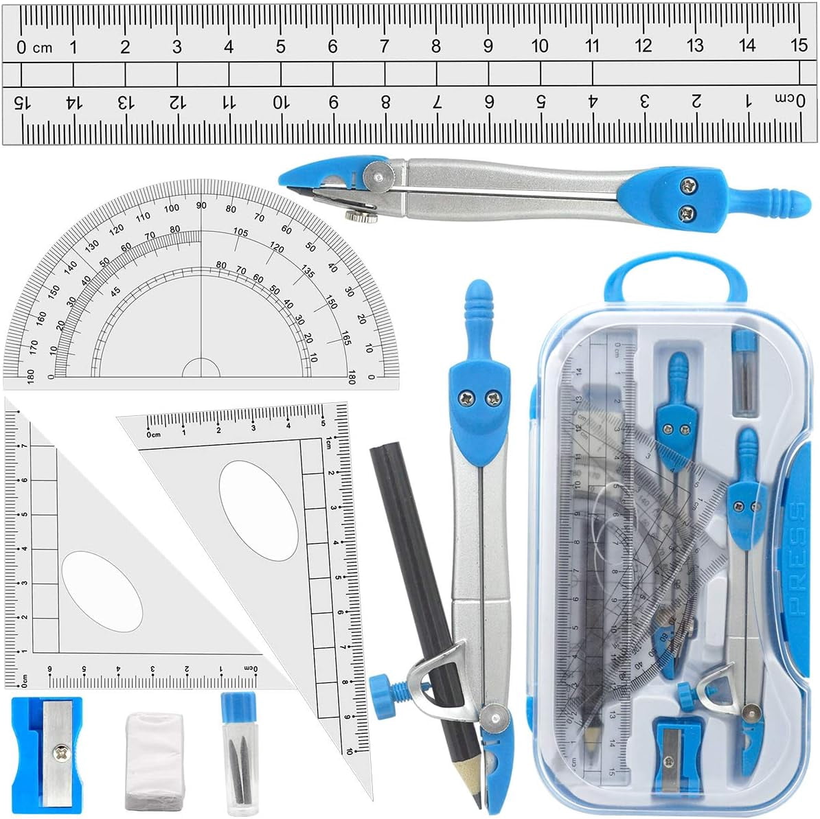 Geometry Compass Set - 10pcs School Maths Protractor Set Rulers in ...