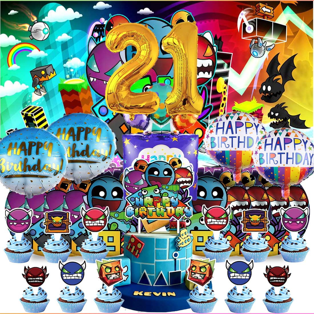 Geometry Dash 21th Tableware Balloons Cake Toppers Backdrop Banner ...