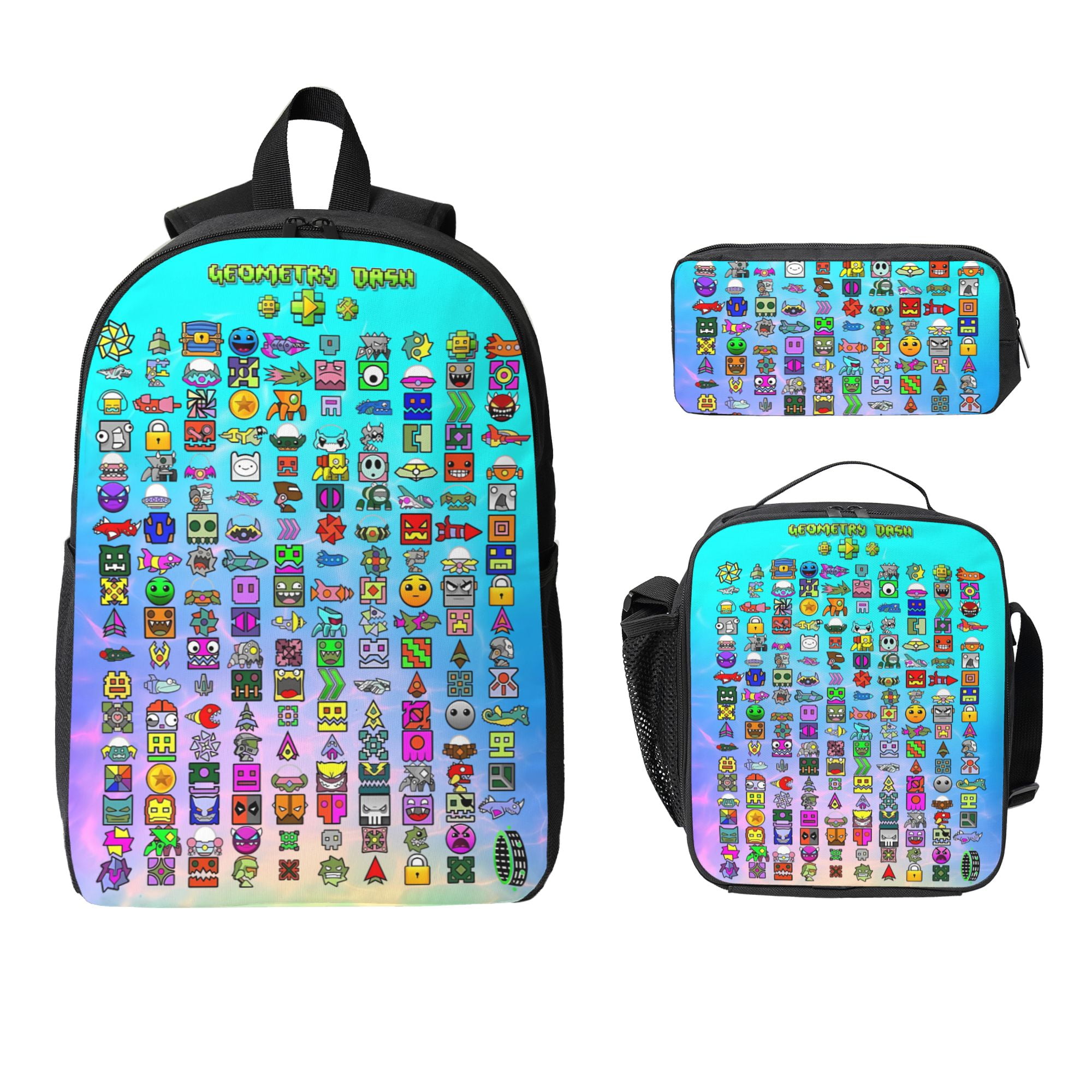 Geometry Dash 3 Piece Backpack Set With Lunch Bag Pencil Case, High ...