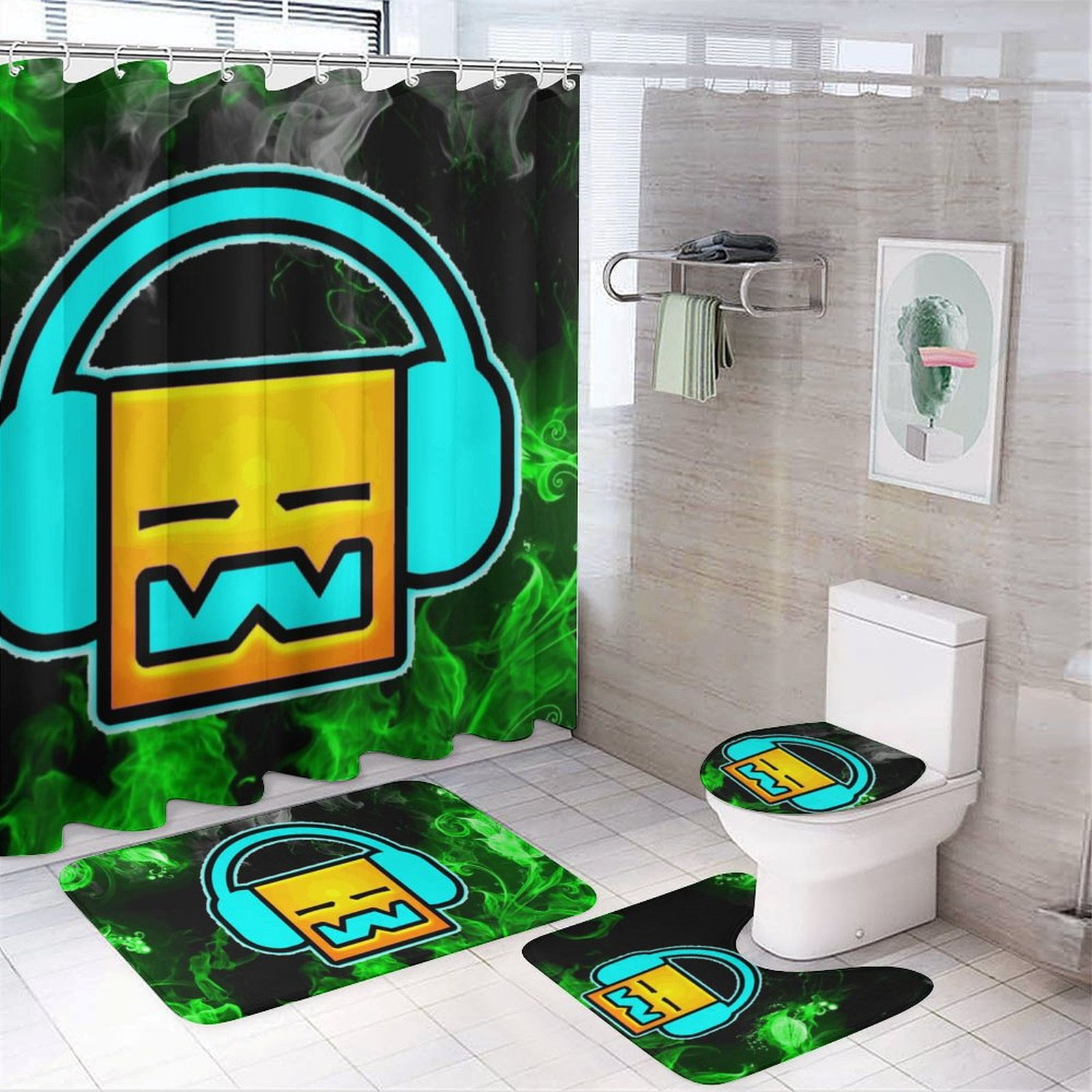 Geometry Dash 4PCS Bathroom Sets Shower Curtain Sets with Toilet Lid ...