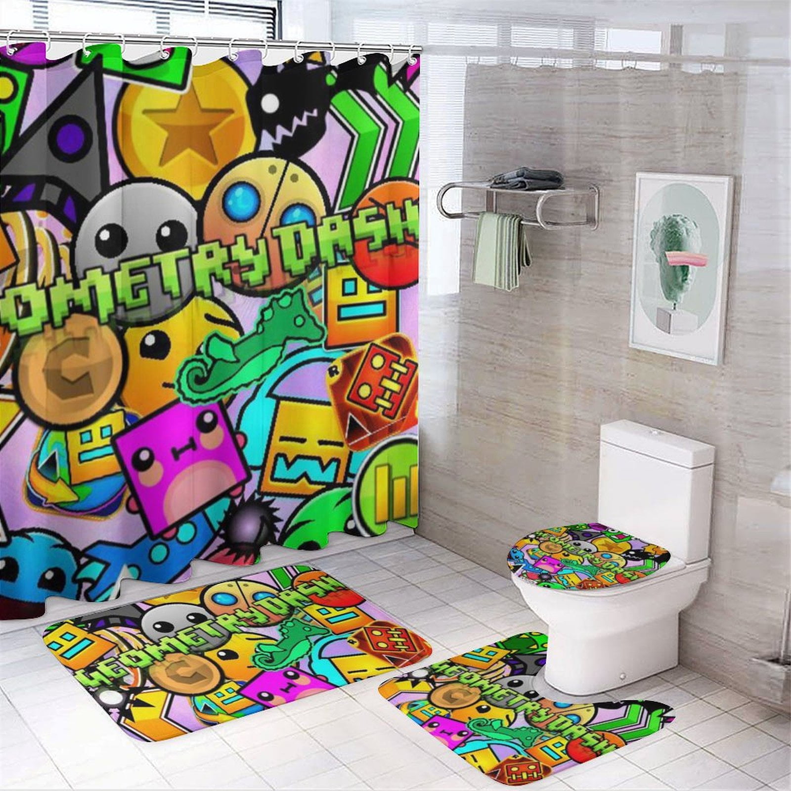Geometry Dash 4PCS Bathroom Sets Shower Curtain Sets with Toilet Lid ...