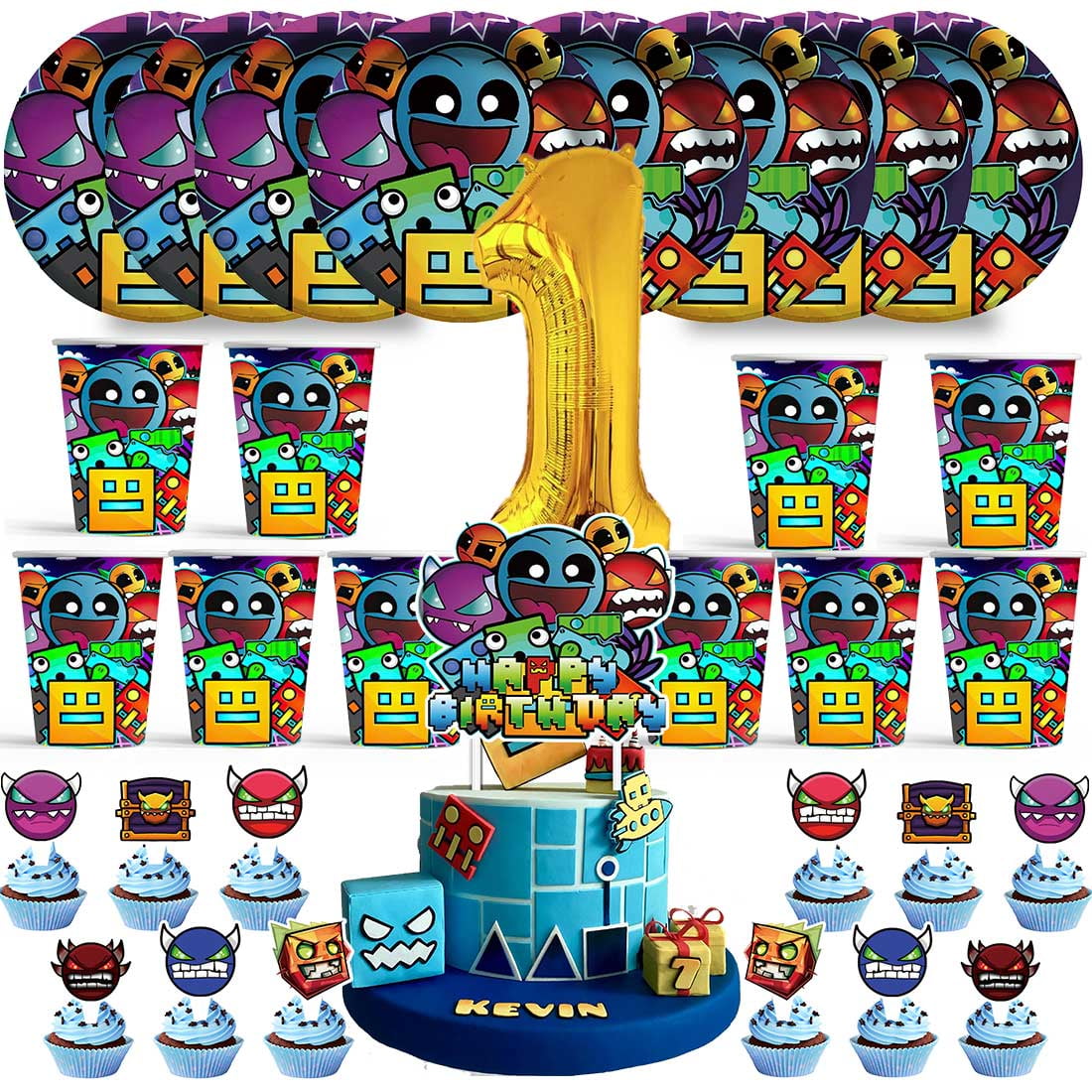Geometry Dash Birthday 1st Cups Party Supplies Plates Fans Decorations ...