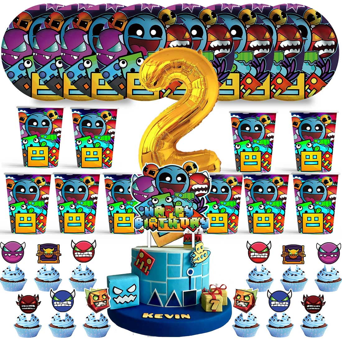 Geometry Dash Birthday 2nd Cups Party Supplies Plates Fans Decorations ...
