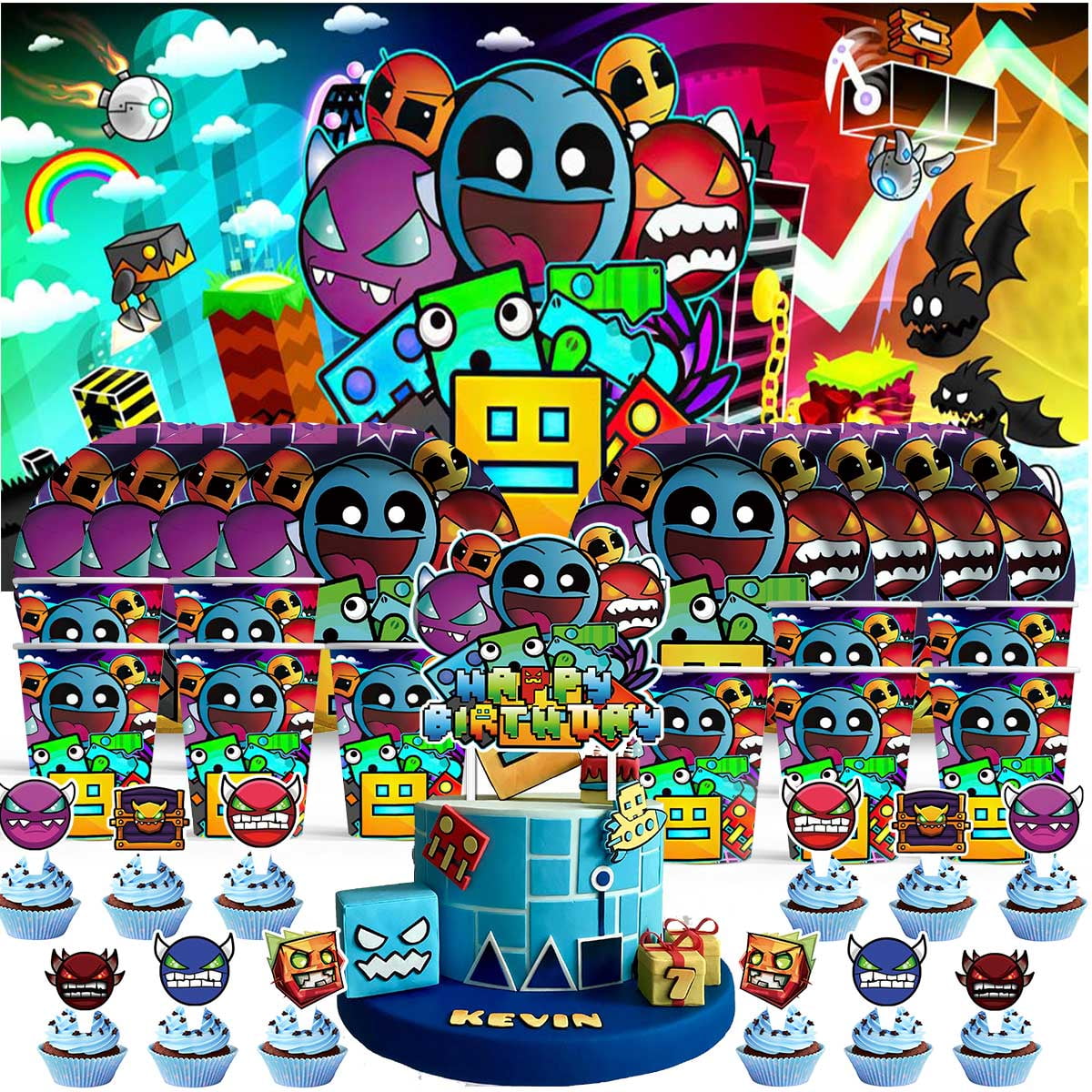 Geometry Dash Birthday Cups Party Supplies Decor Backdrop Plates Fans ...