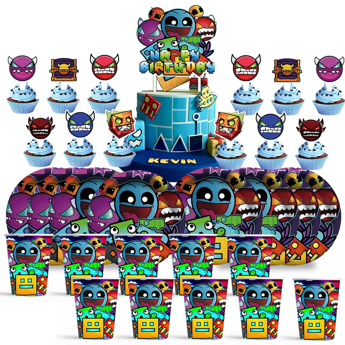 Geometry Dash Birthday Cups Party Supplies Plates Fans Decorations Cake ...