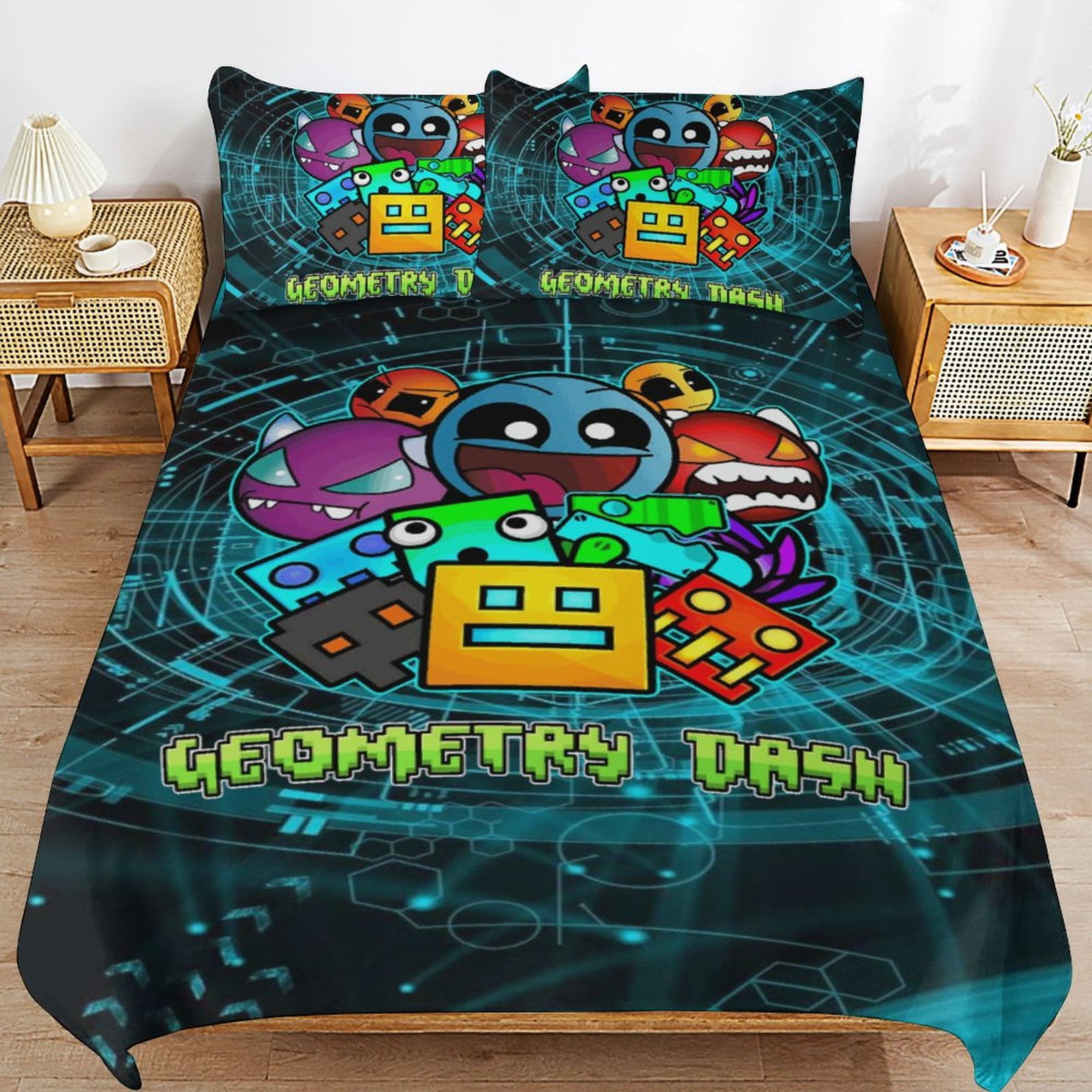 Geometry Dash Duvet Cover 3 Piece Bedding Set,Teen Comforter Cover Set Super Soft 3D Duvet Cover ...