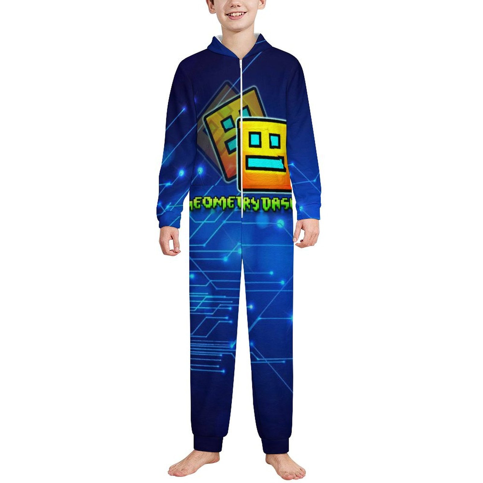 Geometry Dash Geometry Dash Kids One Piece Pajama Hooded Union Suit PJs ...