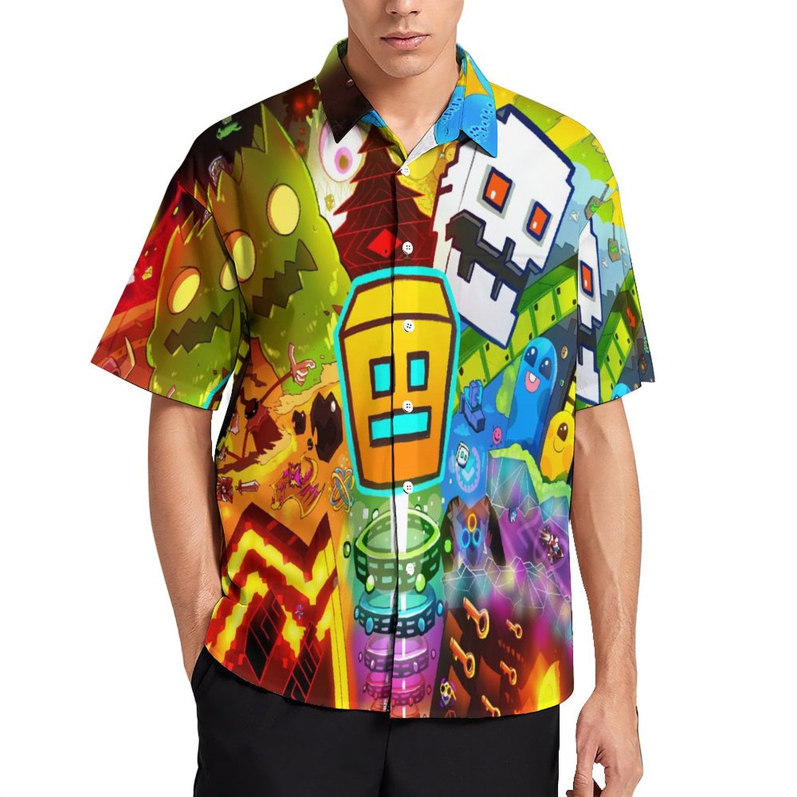 Geometry Dash Hawaiian Shirts for Men Fashion Button Down Short Sleeve ...