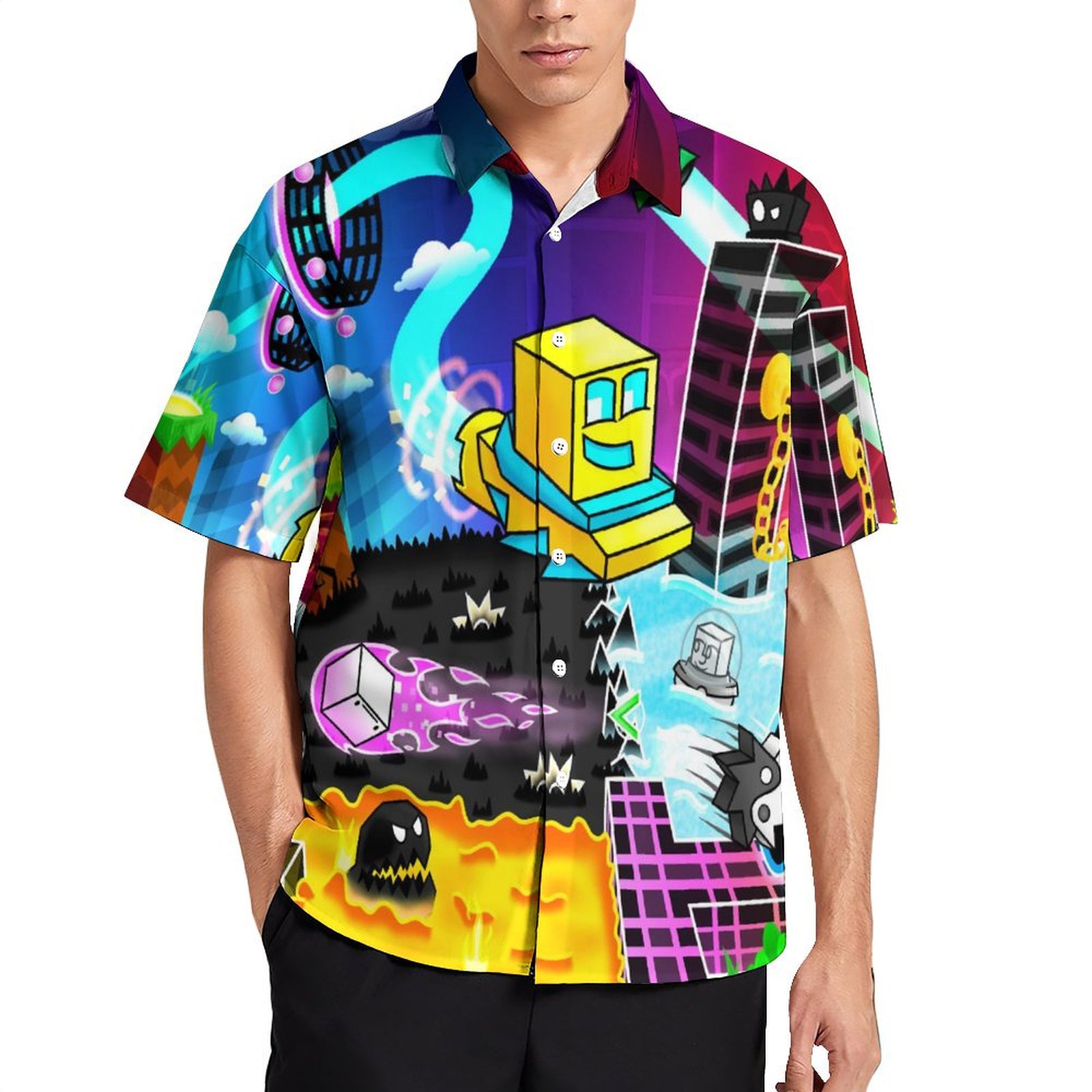 Geometry Dash Hawaiian Shirts for Men Fashion Button Down Short Sleeve ...