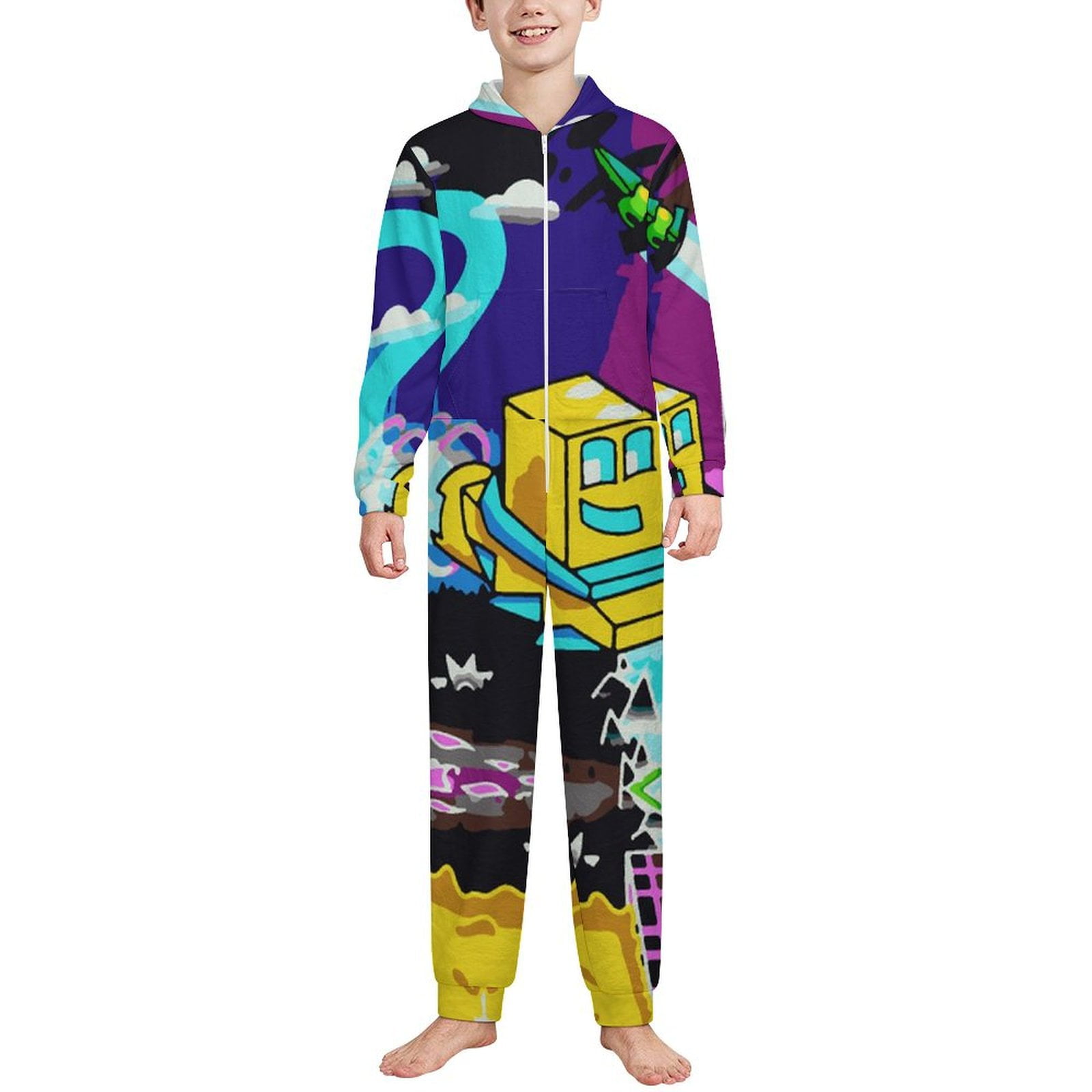 Geometry Dash Kids One Piece Pajama Hooded Union Suit PJs Sleepwear for ...