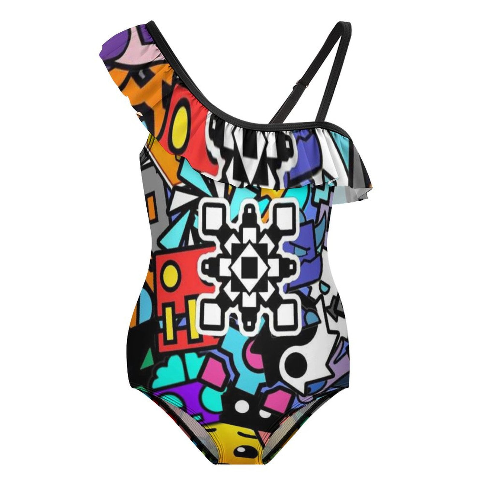 Geometry Dash Kids Swimsuit Swimwear Adjustable One Shoulder Ruffled ...