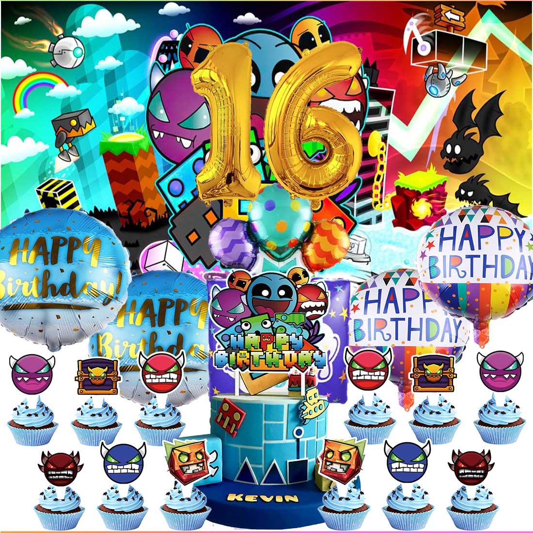 Geometry Dash Party Supplies Decor 16th Kit Balloons Birthday Cake ...
