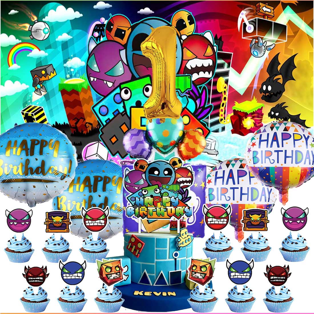 Geometry Dash Party Supplies Decor 1st Kit Balloons Birthday Cake ...