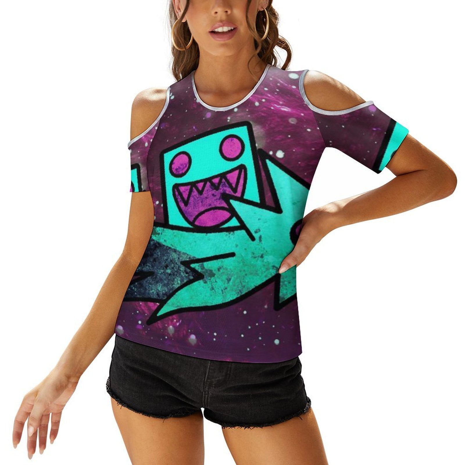 Geometry Dash Women's Fashion T-Shirt Off-Shoulder Crewneck Shirt ...