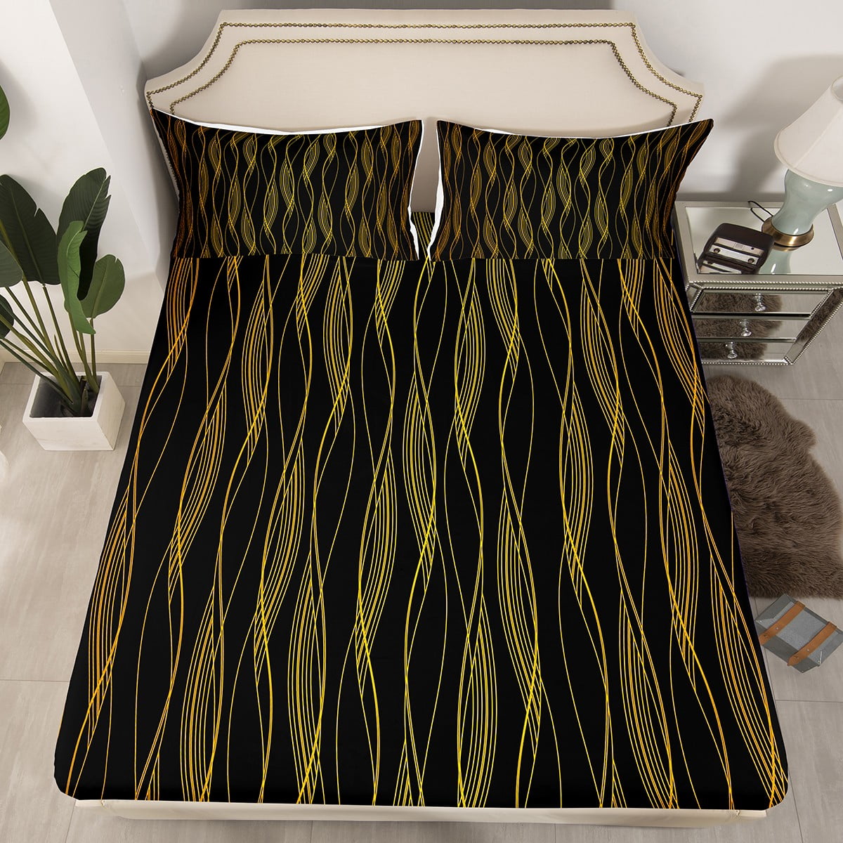 Geometry Fitted Sheet Gold Black Stripes Abstract Art Bedding Set Queen ...