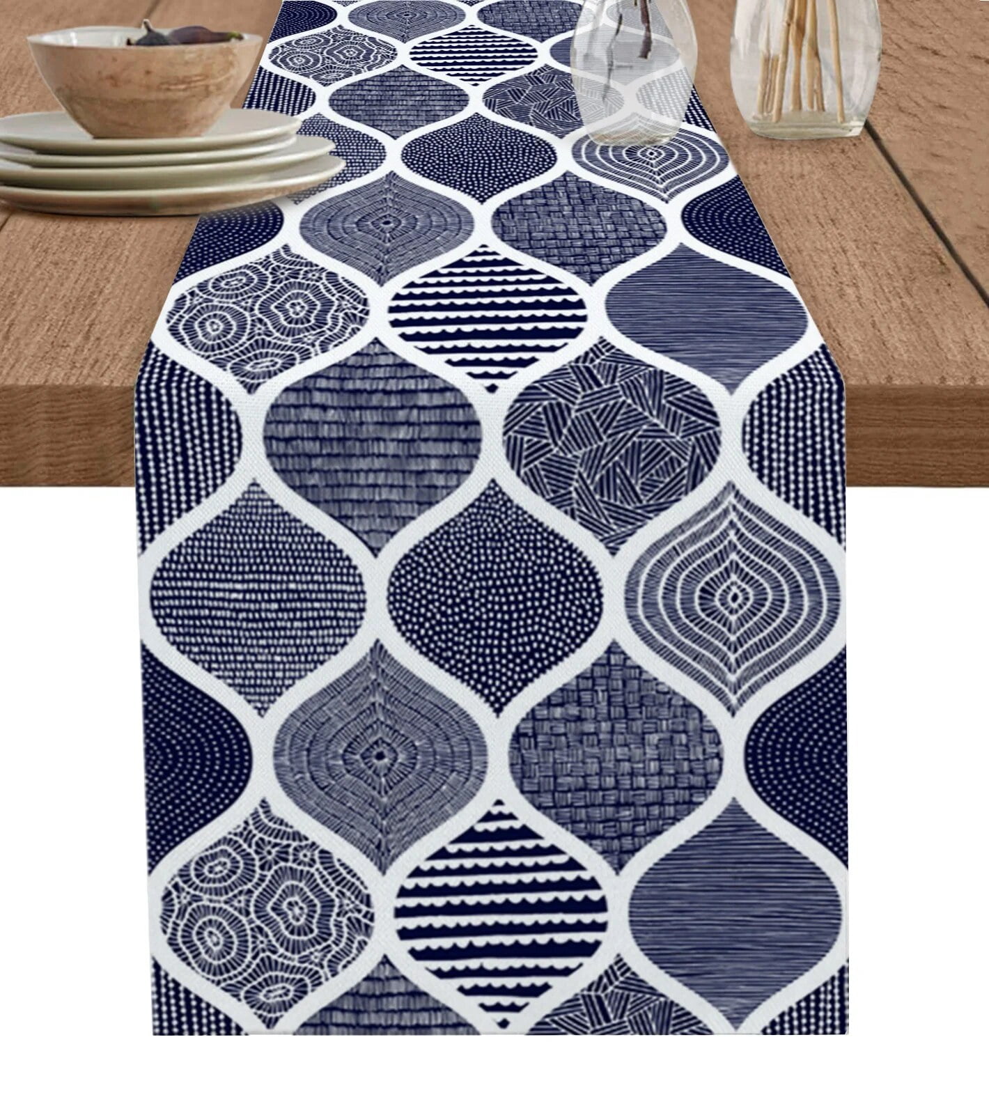 Geometry Moroccan Texture Blue Linen Table Runner Kitchen Table ration ...