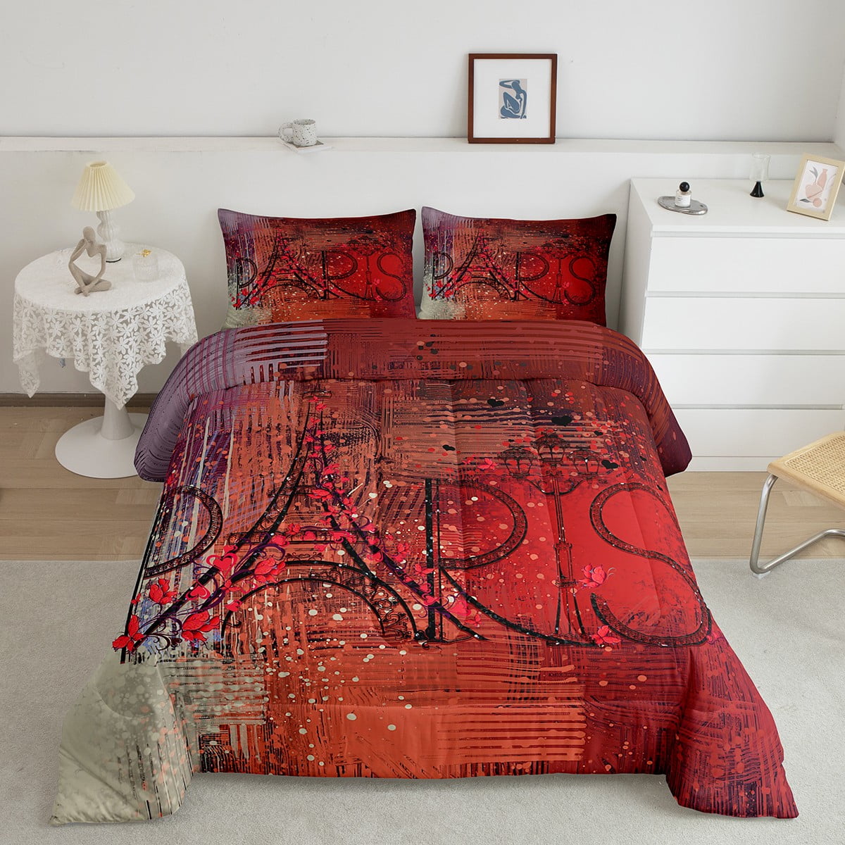 Geometry Patchwork Bedding Set King Red Oil Painting Comforter Set ...