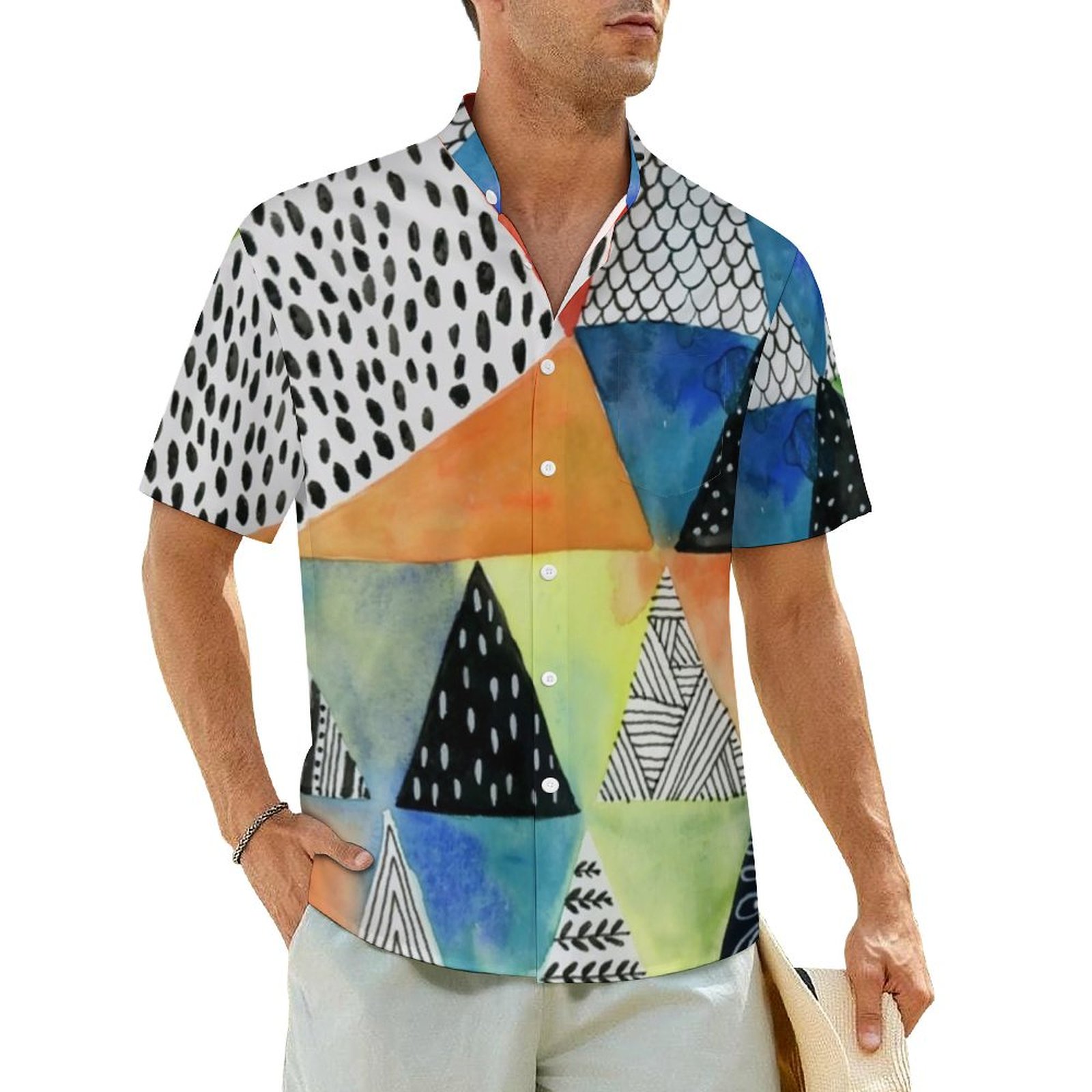 Geometry Print Beach Shirt Man Yellow Hexagon Vintage Casual Shirts ...