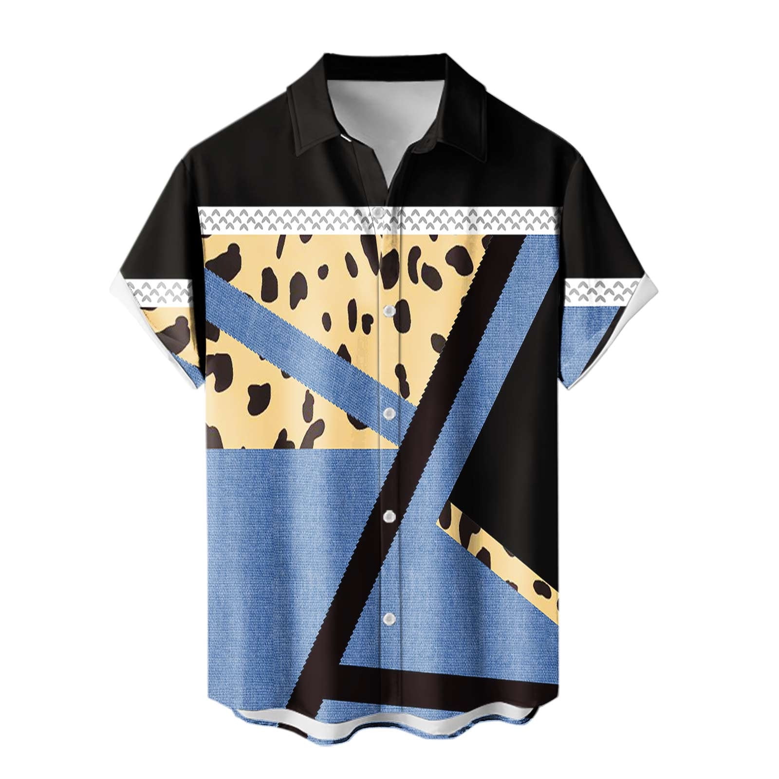 Geometry Print Hawaiian Shirt Mens Colorblock Retro Leopard Bowling
