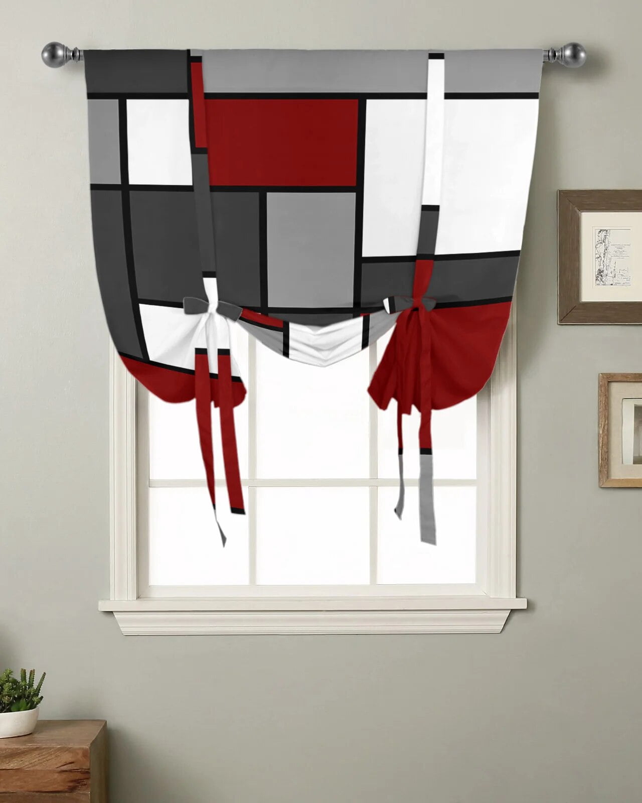 Geometry Red Abstract Kitchen Short Window Curtain Rod Pocket Curtains ...