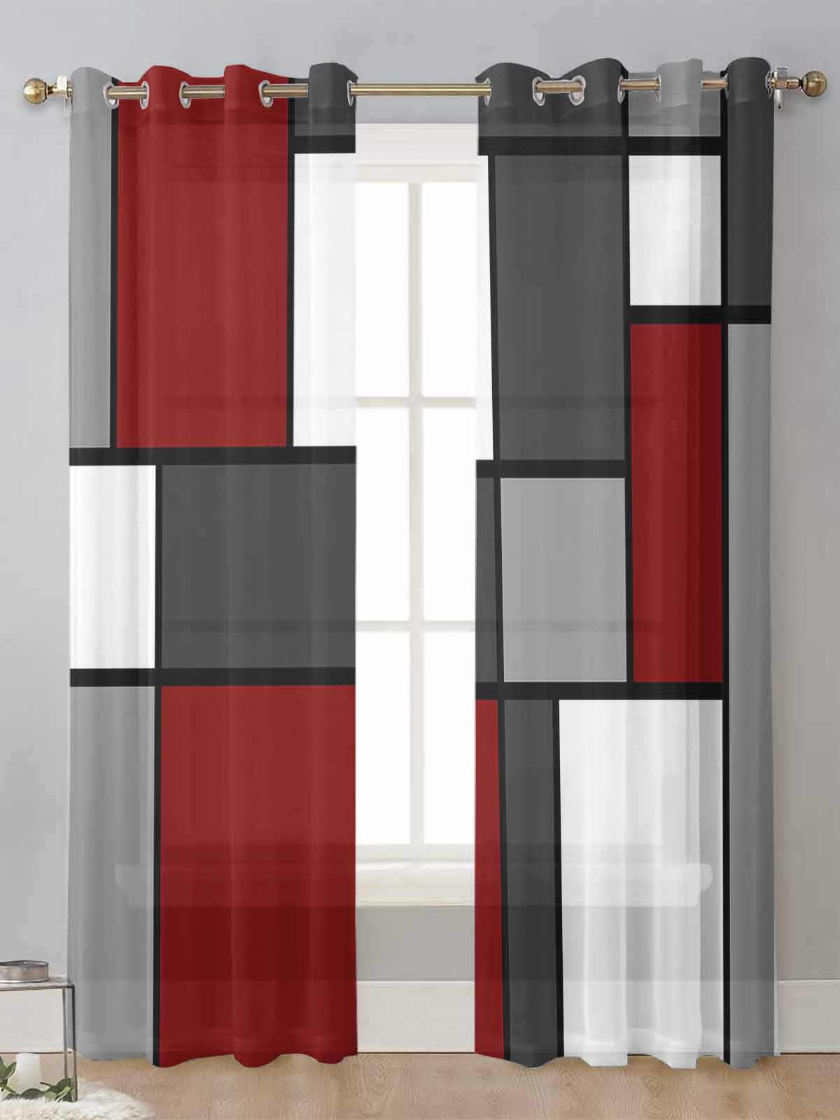 Geometry Red Abstract Sheer Curtains For Living Room Window Screening ...