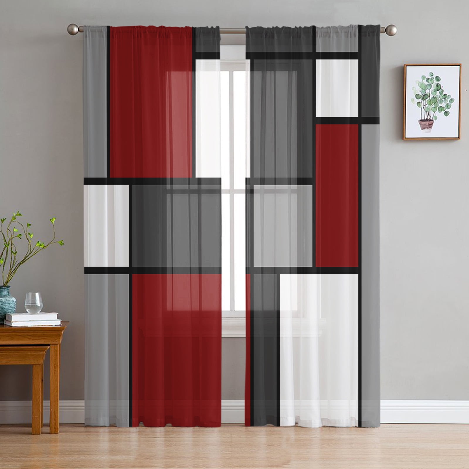 Geometry Red Abstract Sheer Curtains for Living Room ration Window ...