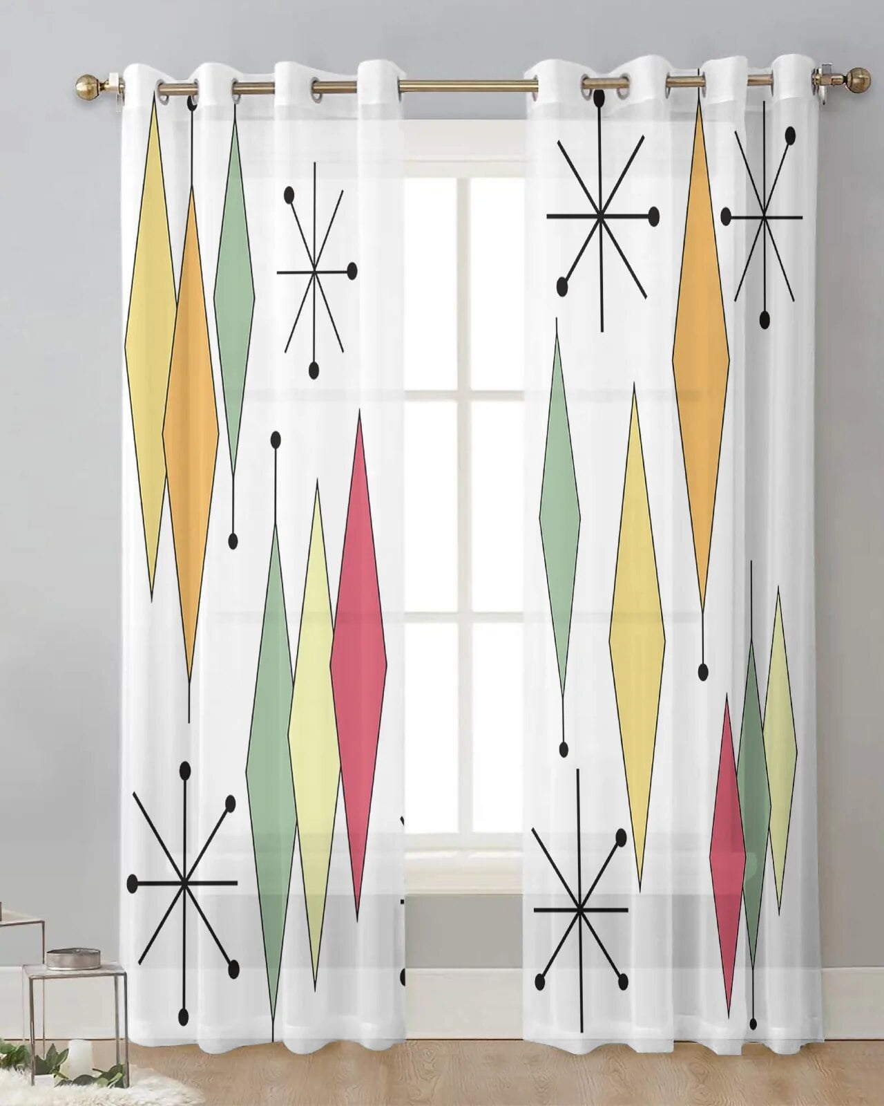 Geometry Rhombus Green Red Tulle Living Room ration Transparent Sheer ...