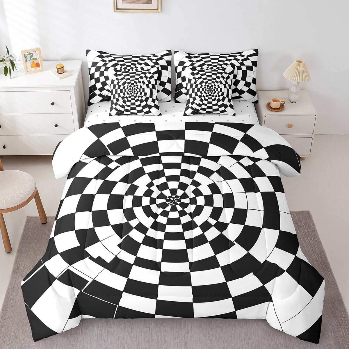 Geometry Spiral 7 Pieces Bed in a Bag Twin Size,White Black Simple ...