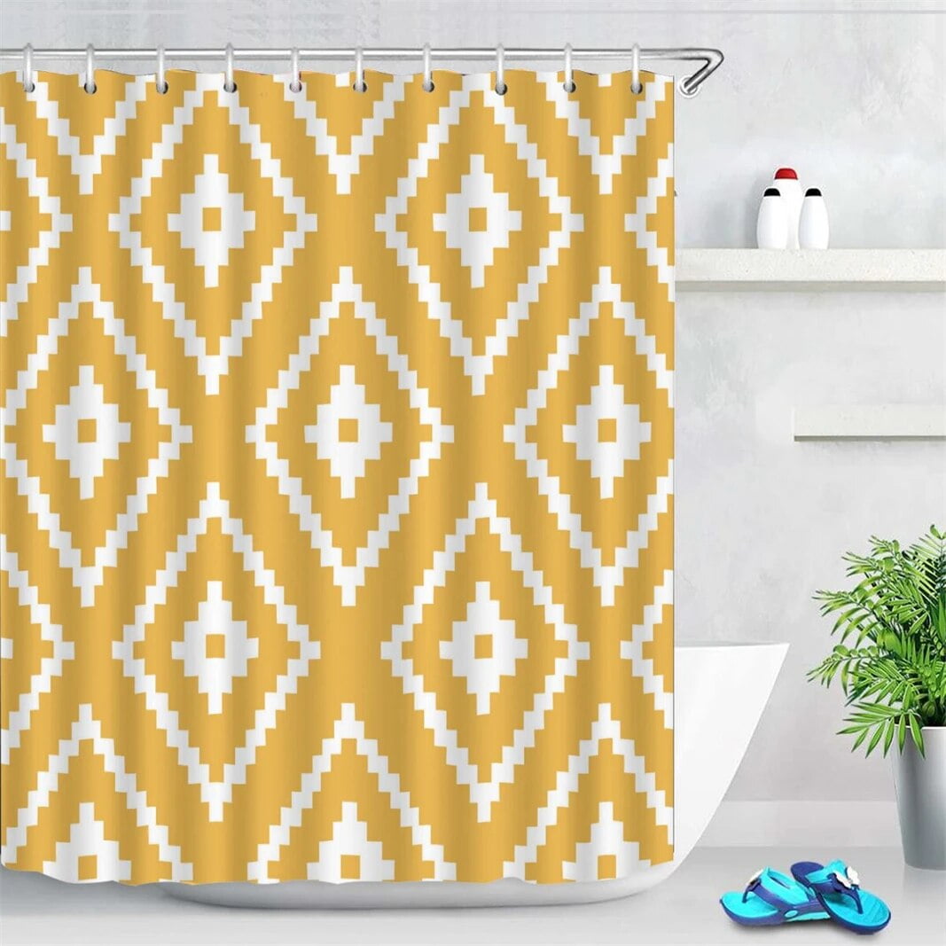 Geometry Style Curtain Shower Bathtub Waterproof Yellow Polygon Pattern