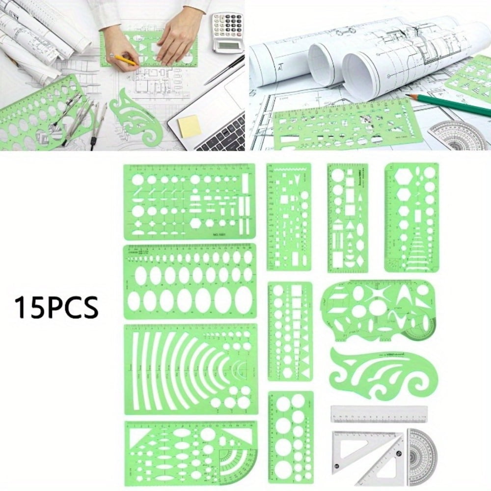 Geometry Template Set 15-Piece, Plastic Measuring Rulers with Design ...