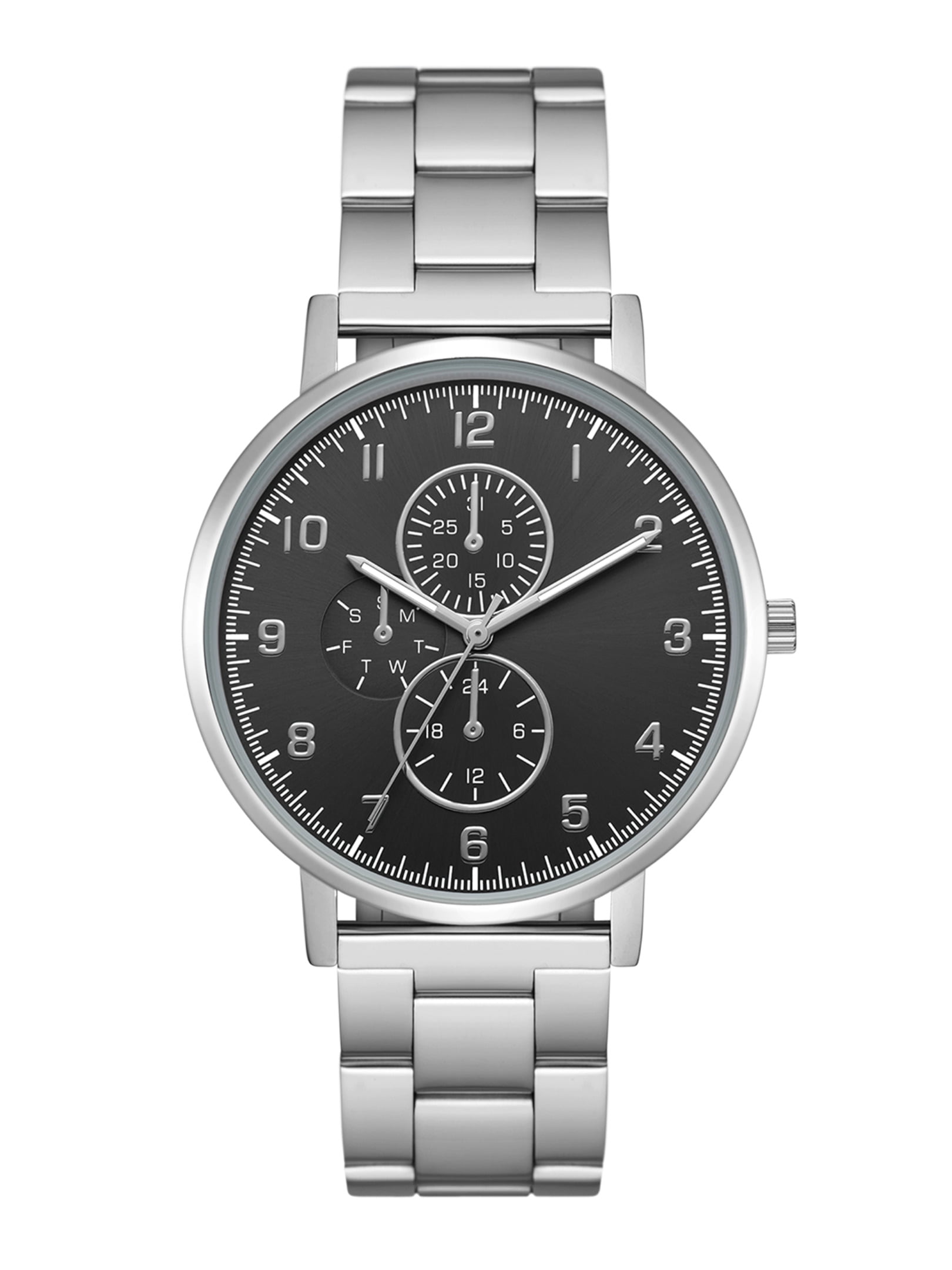 George Brand Men's Wristwatch: Silver Tone Case, Black Dial, 3-Link ...