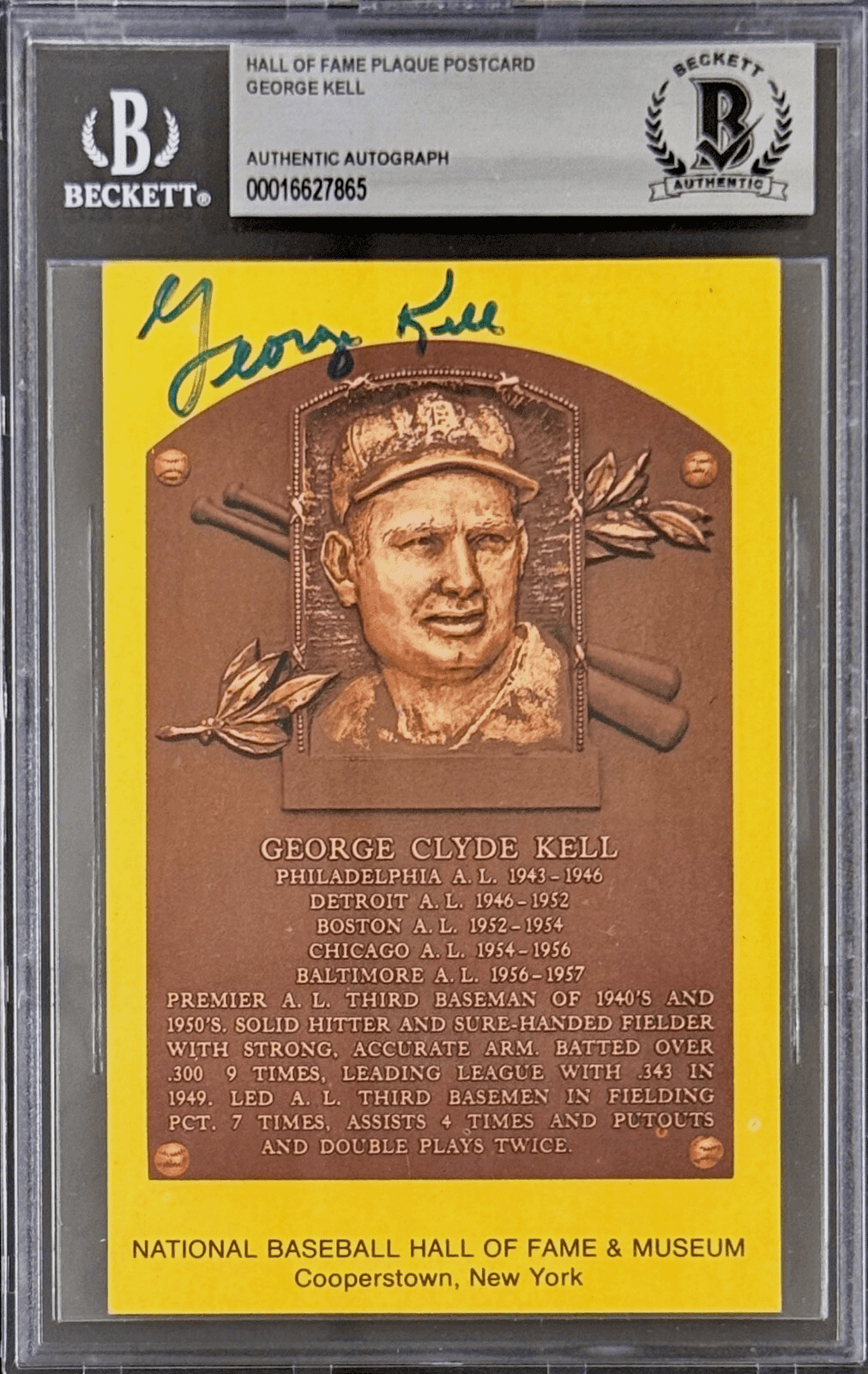 George Kell Signed Autographed Hall of Fame Plaque Postcard Beckett ...