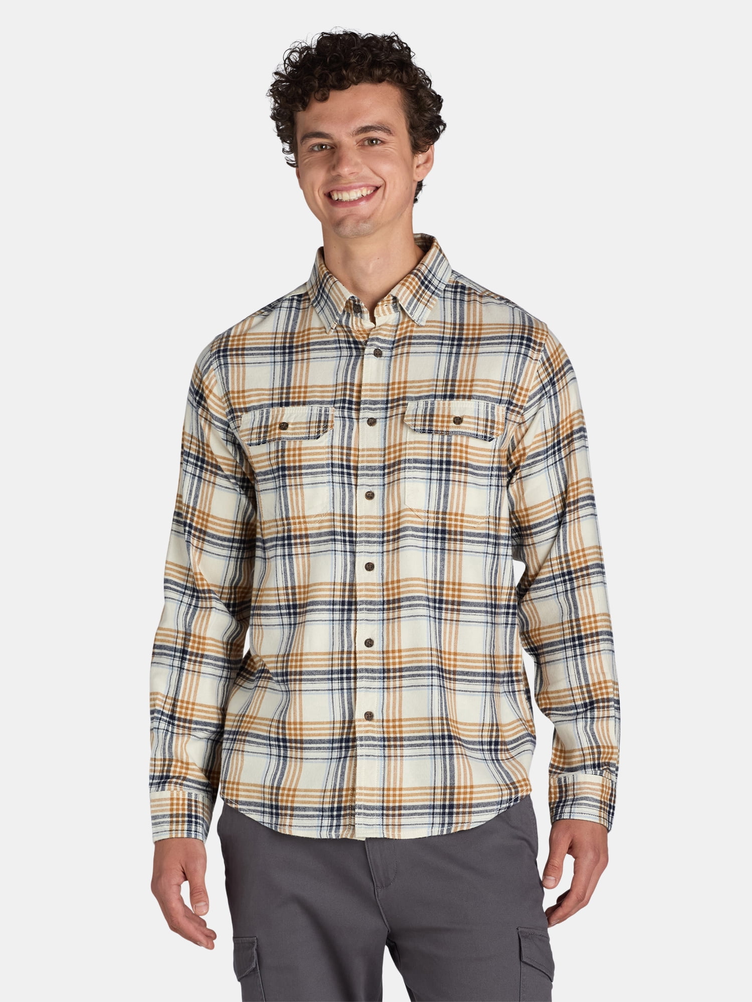 George Men's Flannel Shirt Long Sleeves XS-3XLT, Soft Brushed Twill ...