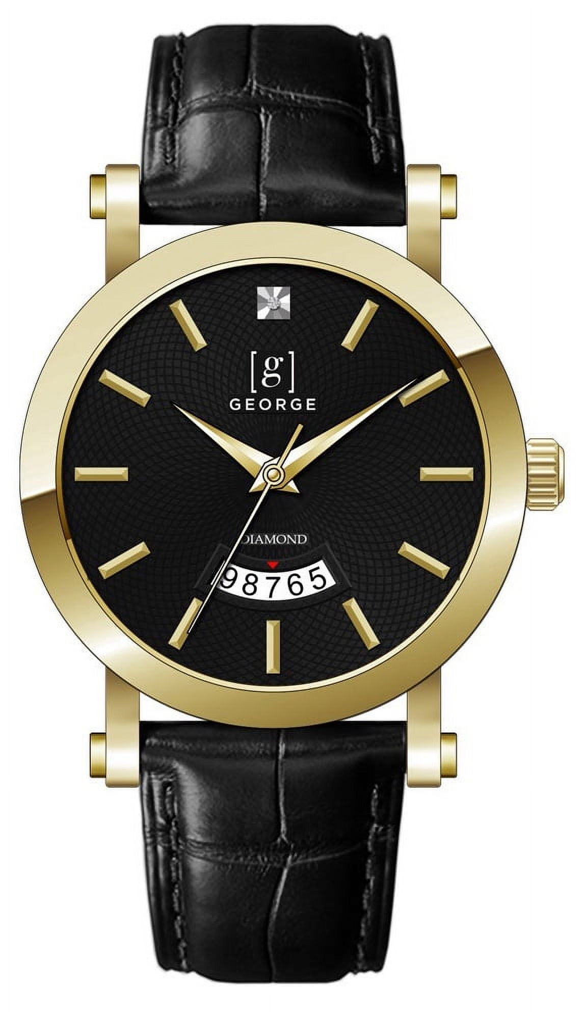 George Men's 40mm Gold Tone Textured Black Dial Genuine Diamond Dial ...