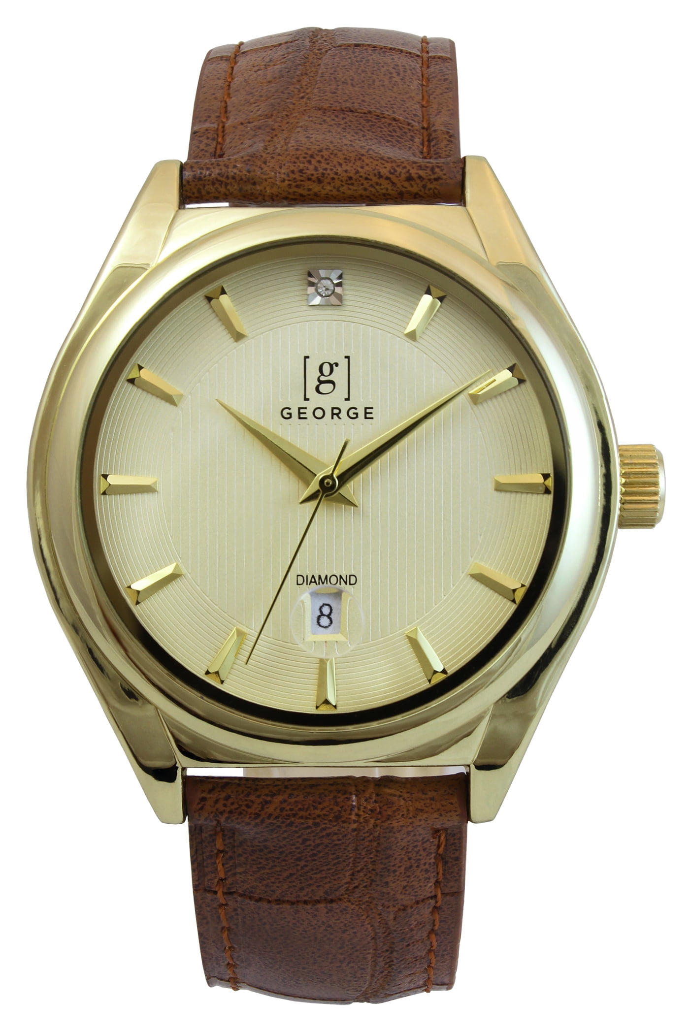 George Men's 41mm Gold Tone Genuine Diamond Brown Strap Watch - Walmart.com