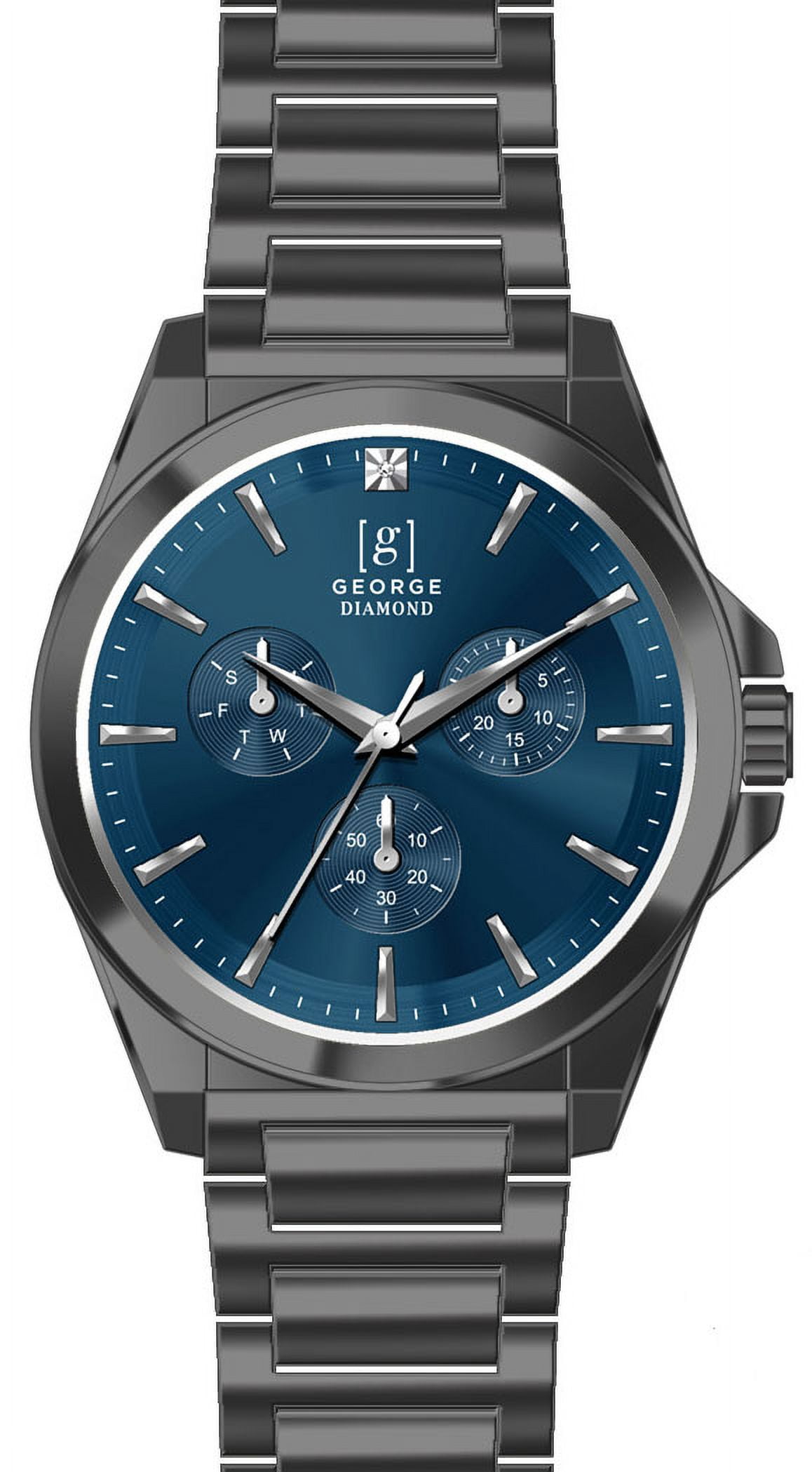 George Men's 41mm Gunmetal Tone Watch with Blue Dial and Genuine ...