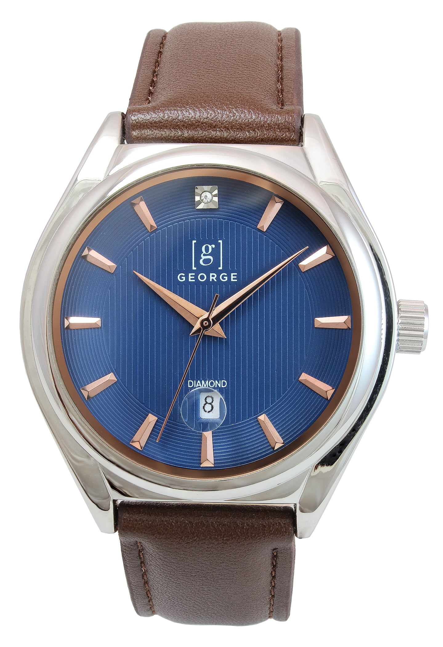 George Men's 41mm Silver Tone Blue Dial Genuine Diamond Brown Strap ...