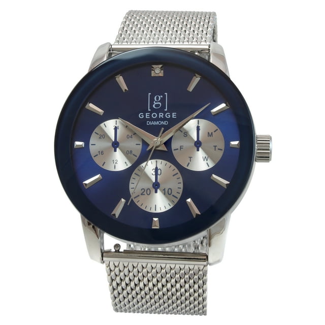 George Men's 41mm Silver Tone Mettalized Glass Bezel Genuine Diamond ...
