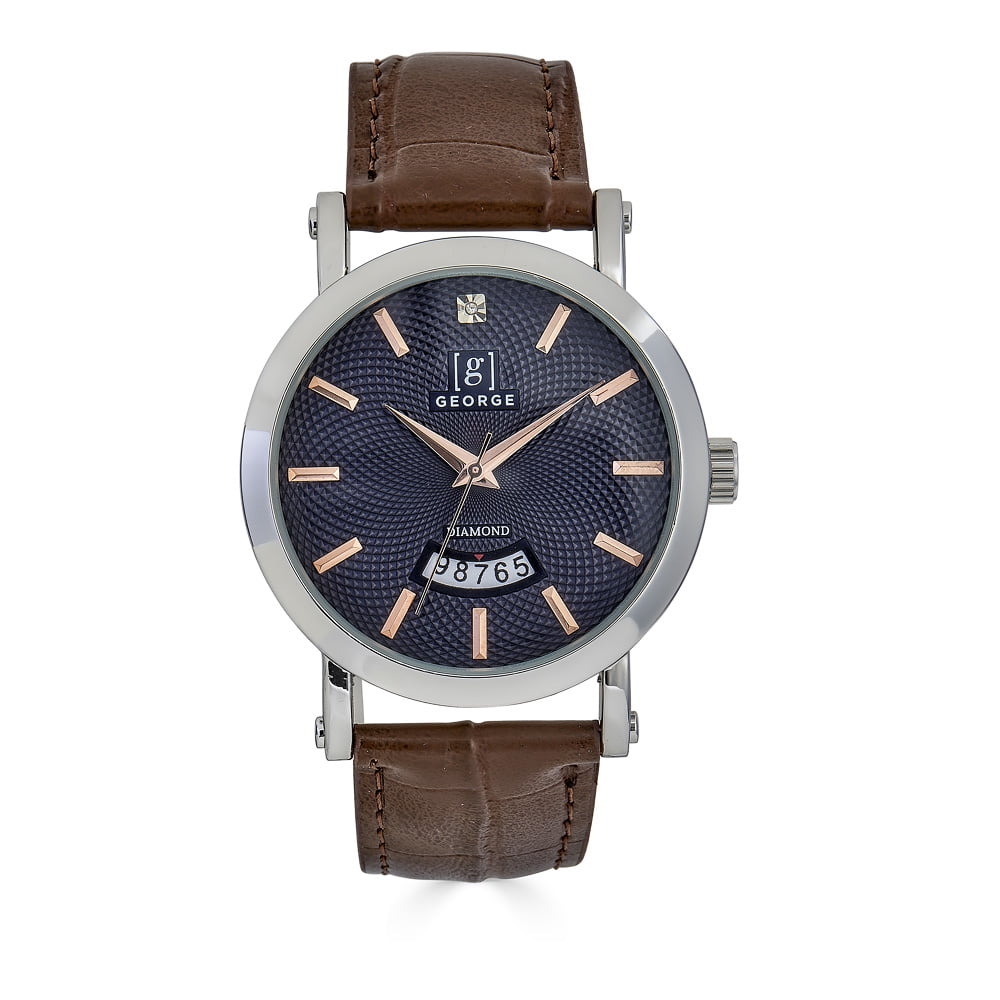 George Men's 41mm Silver Tone Textured Blue Dial Genuine Diamond Strap ...