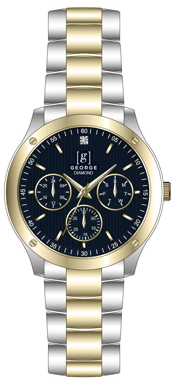 George Men's 41mm Two Tone Gold Blue Dial Genuine Diamond Dial Bracelet ...
