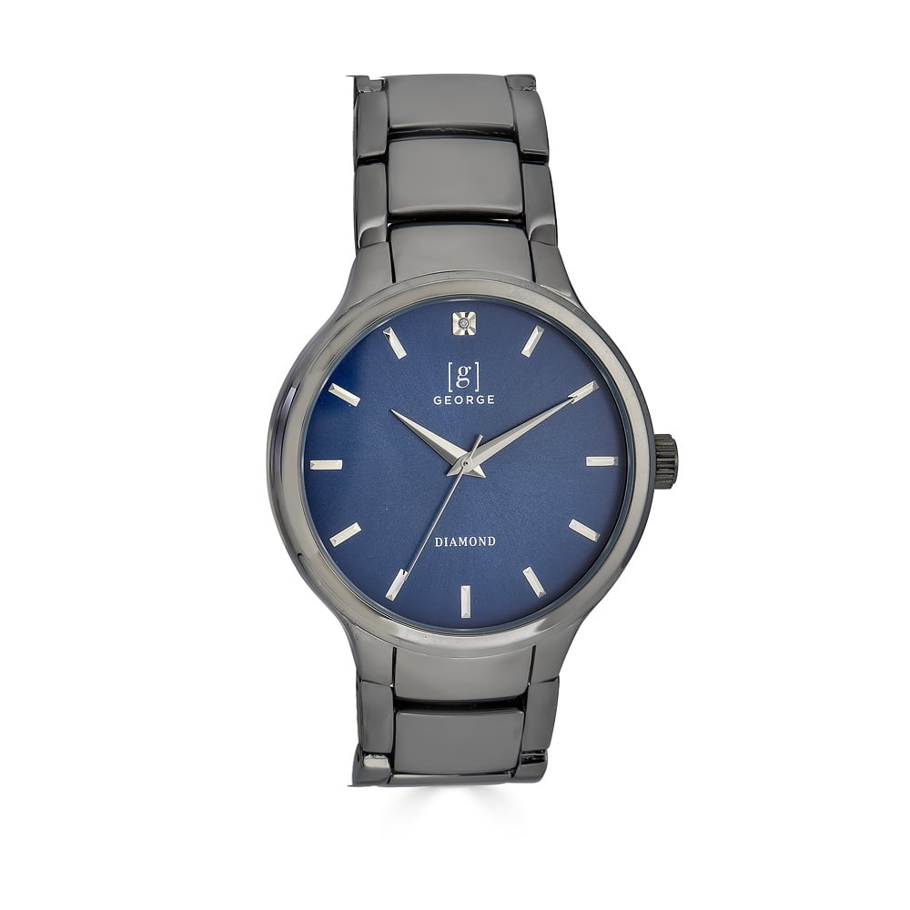 George Men's 42mm Gunmetal Tone Blue Dial Genuine Diamond Bracelet ...