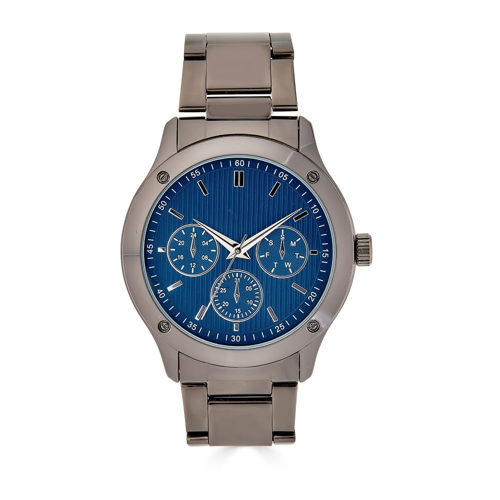 George Men's 43mm Gunmetal Tone Navy Etched Dial Bracelet Watch ...